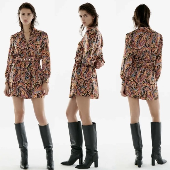 Zara | Dresses | Zara Boho Paisley Printed Long Sleeve Mini Dress ...